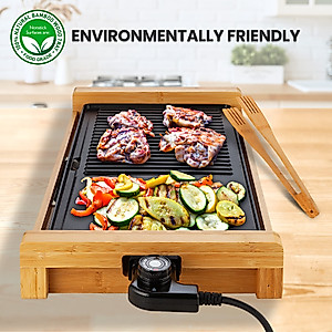 NutriChef Non-stick Plate, Removable Grill & Griddle Plate, Smokeless Electric Bamboo Grill, BBQ Grill with Temperature Control, Durable Quality, Ideal for Indoor BBQ