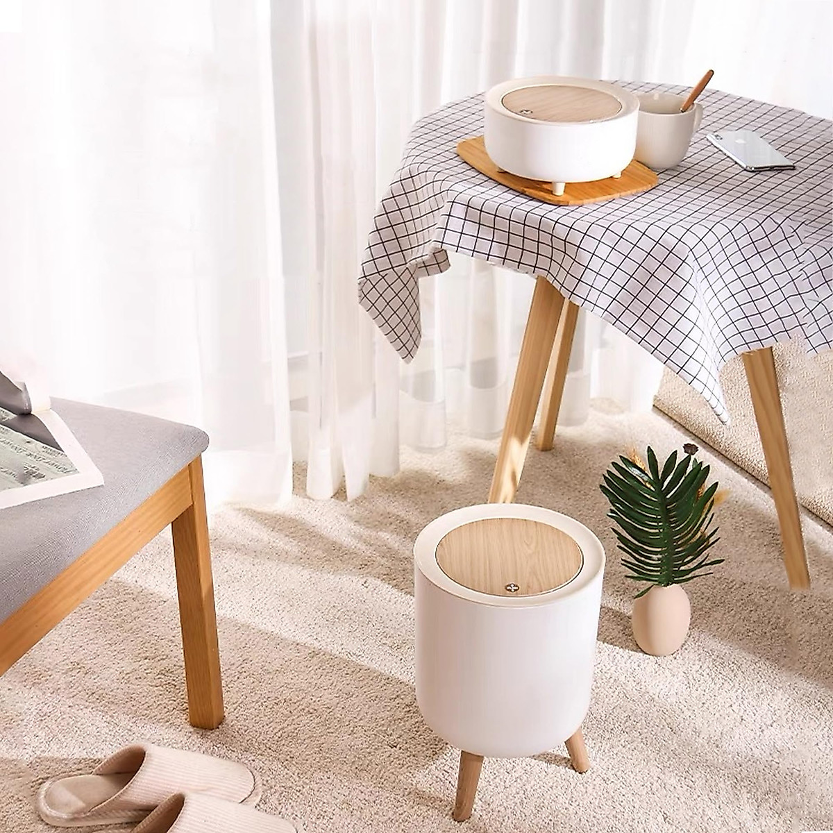 Sancodee Set of 3 Trash Can with Press Lid, Medium Garbage Can 1.8 Gallon & Mini Desktop Trash Can 0.5 Gallon, Dog Proof White Trash Bin for Kitchen, Bedroom, Bathroom, Living Room, Office