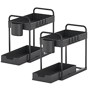 2Pack Under Sink Organizers and Storage 2 Tier Pull Out Sliding Drawer Multipurpose Sliding Bathroom Organization Kitchen Organization Under Sink Shelf Cleaning Supply Organizer Rack with Cups & Hooks