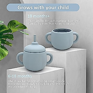 Santi & Me 2-1 Silicone Straw Cup for Baby, Spill-proof Sippy Cup for Babies 6-12-18 Month, Open Training Water Cups with Easy-Hold Handle, Baby Led Weaning Cups - BPA Free - 8.8oz (Dusty blue)