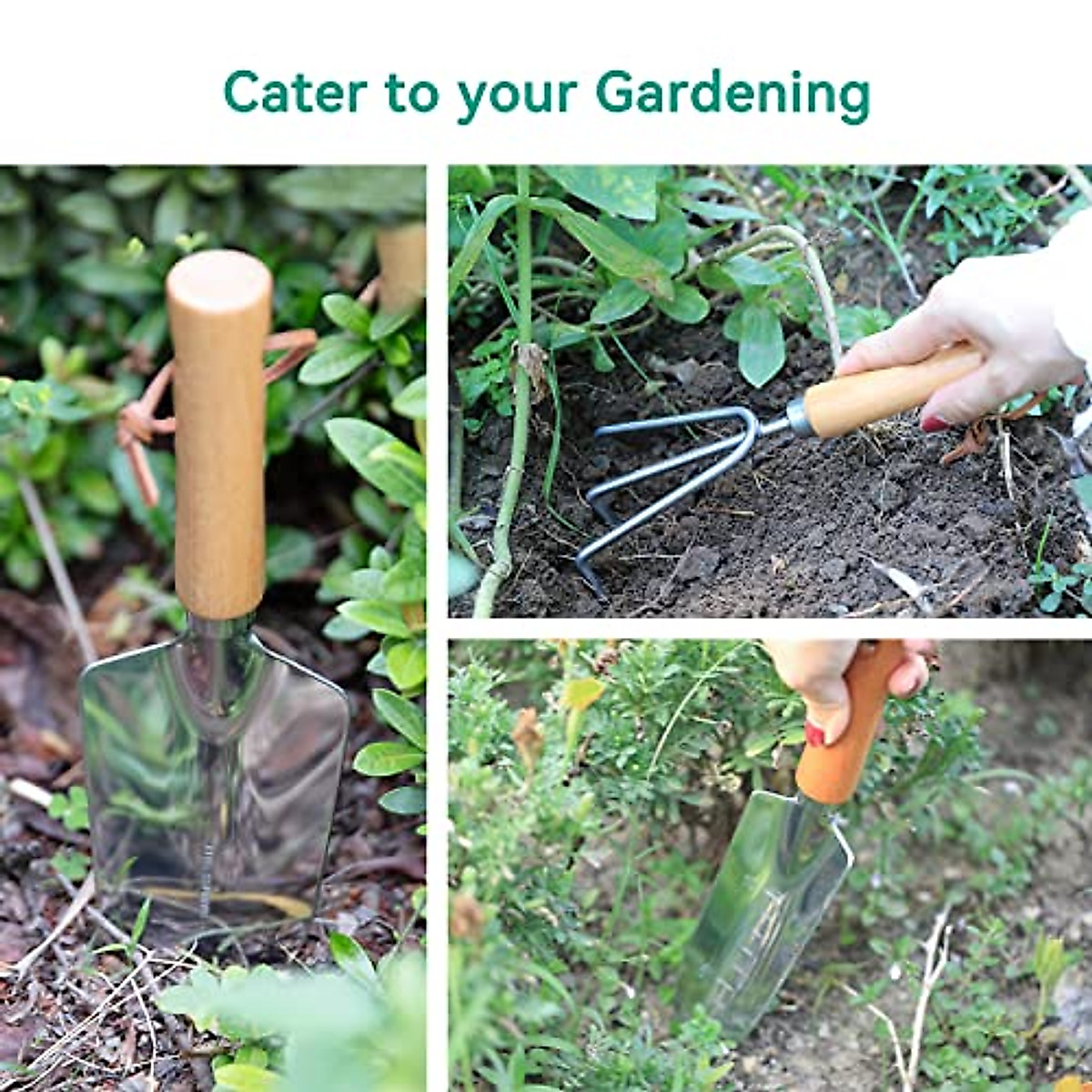 Grenebo Stainless Steel Garden Tools,3 Pieces Gardening Tools with Wood Handle,Rust-Proof Gardening Kit Garden Shovel Garden Rake Garden Trowel,Ideal Gardening Gifts for Women