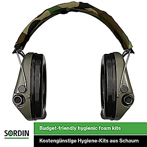 Sordin Supreme PRO X - Adjustable Active Safety Ear Muffs Hearing Protection - Camo Canvas Headband and Green Cups
