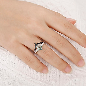 IRROYA 1.50 Carat Pear Cut Natural Moss Agate Wedding Rings Sets,Genuine Moissanite Engagement Ring,Black Spinel Eternity V Shaped Wedding Band, Sterling Silver Platinum, moss agate