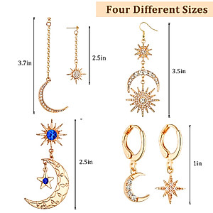 4 Pairs Moon Earrings Star Earrings Exaggerated Boho Earrings Retro Moon Dangle Drop Rhinestones Earrings Sun for Halloween Christmas Women Girls Gift