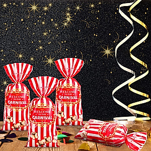 Carnival Candy Bags Circus Plastic Bags Carnival Party Treat Bags Popcorn Pattern Party Bags Goody Bags with 100 Gold Twisted Ties for Party Favor Supply Cookie Cupcake Wrapping(Simple,100 Packs)