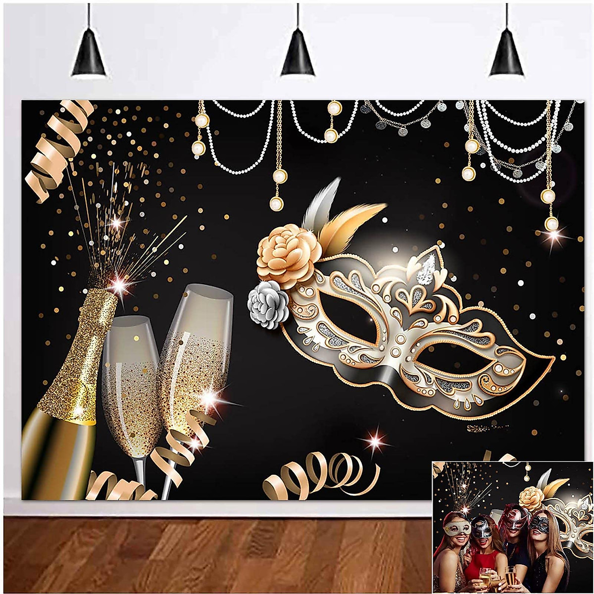 Masquerade Party Backdrops Retro Gold Black Mask Carnival Birthday Photography Backdrop Fiesta Mardi Gras Dance Photo Background Champagne Glass Photo Booths Props Decorations 8x6ft Vinyl