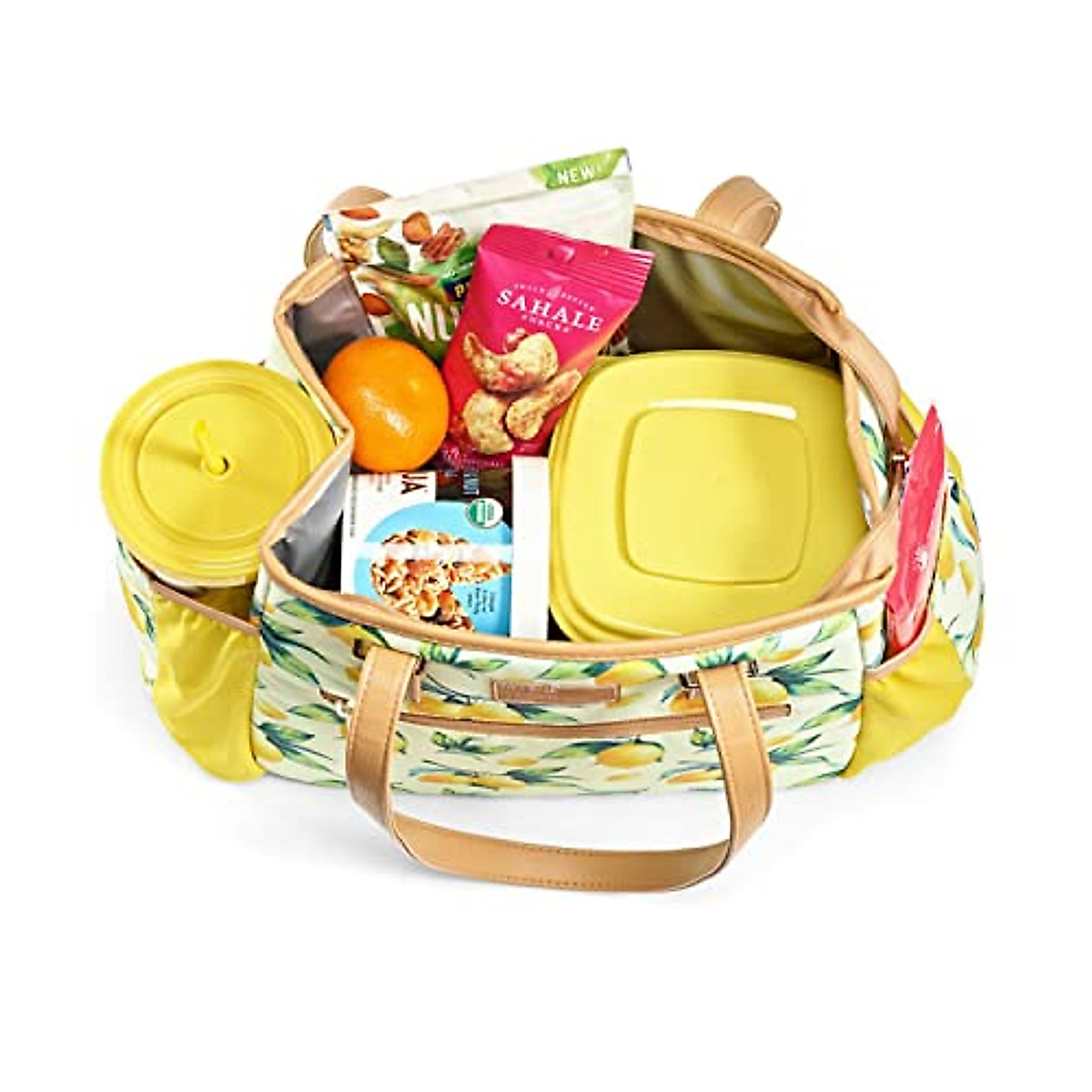 Fit & Fresh Copley Adult Insulated Lunch Bag with Side Pouches & Carry Handles, Complete Lunch Kit Includes Matching Tumbler & Salad Kit, Lemons