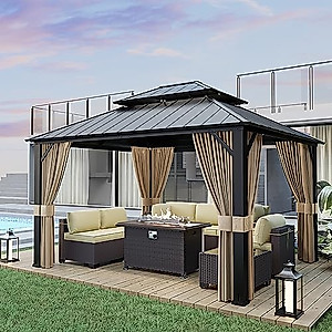 ASJMR 12x14ft Hardtop Gazebo Double Roof, Outdoor Pavilion with 2-Layer Hard top Galvanized Iron Frame Garden Tent, Suitable for courtyards, backyards, Decks, and Grass