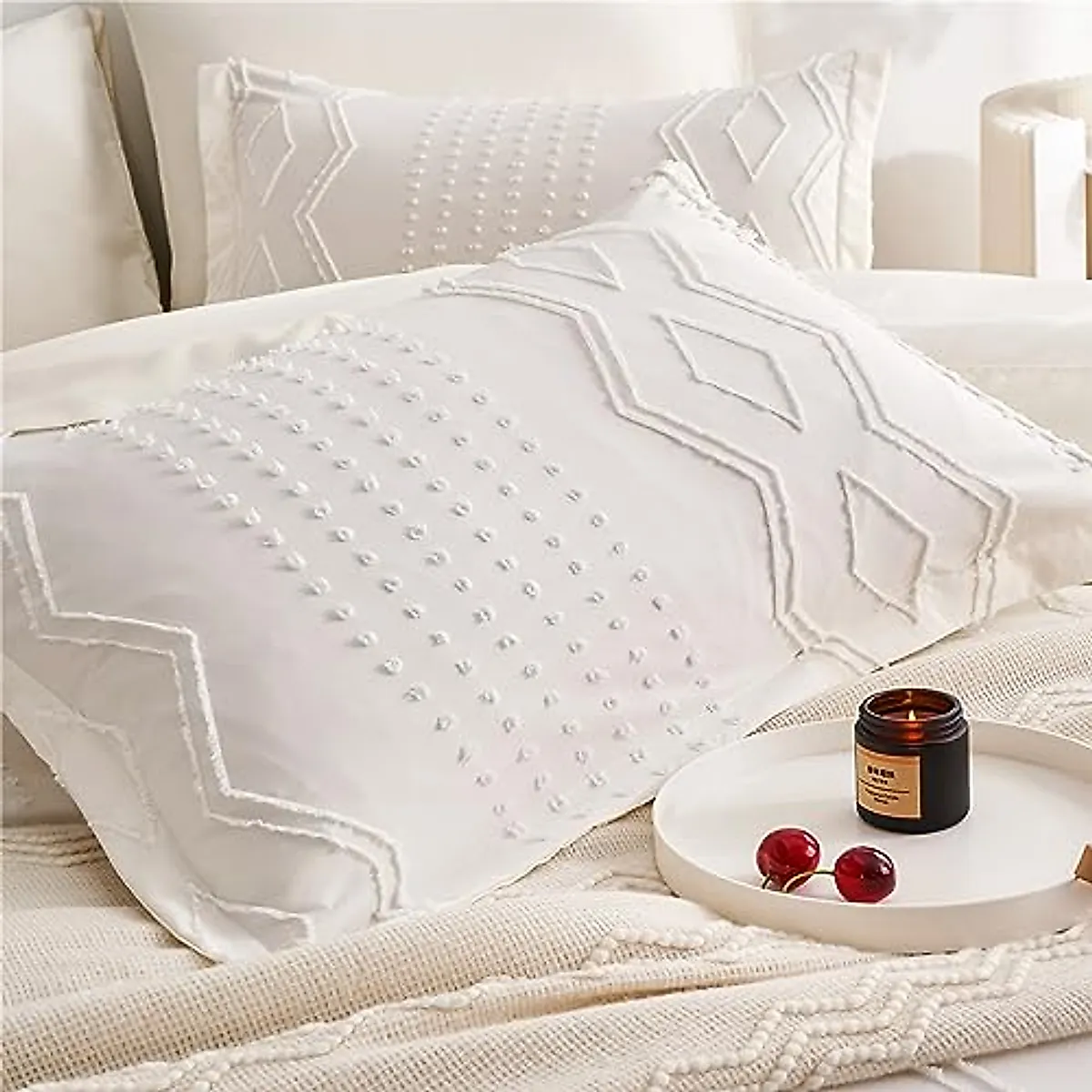 sponwilar Queen Comforter Set 7 Pieces Boho Bed in a Bag, Geometric Textured Tufted Bed Set, Soft Microfiber Lightweight Bedding Set for All Season(Cream, Queen)