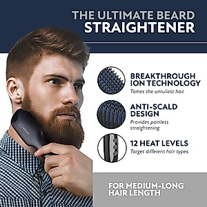 Arkam Beard Straightener for Men -Premium Heated Beard Brush Kit w/ Anti-Scald Feature, Dual Action Hair Comb and Hard Shell Travel Case for Medium to Long Beards - Costume and Grooming Gifts for Men