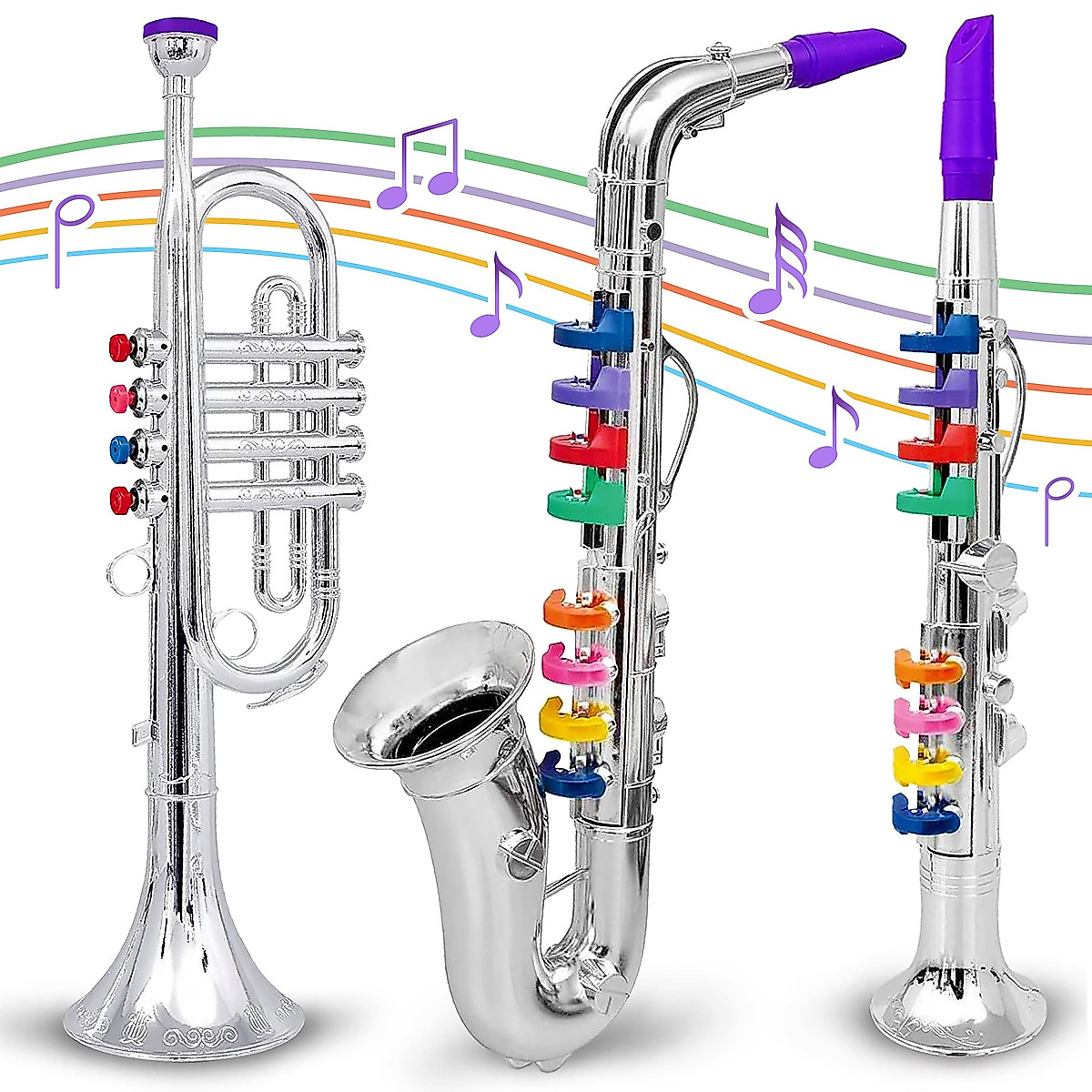 Set of 3 Kids Musical Instruments Toy Clarinet, Toy Saxophone and Toy Trumpet, 3 Wind and Brass Musical Instruments Combo with Over 10 Color Keys Coded Teaching Songs for Toddlers