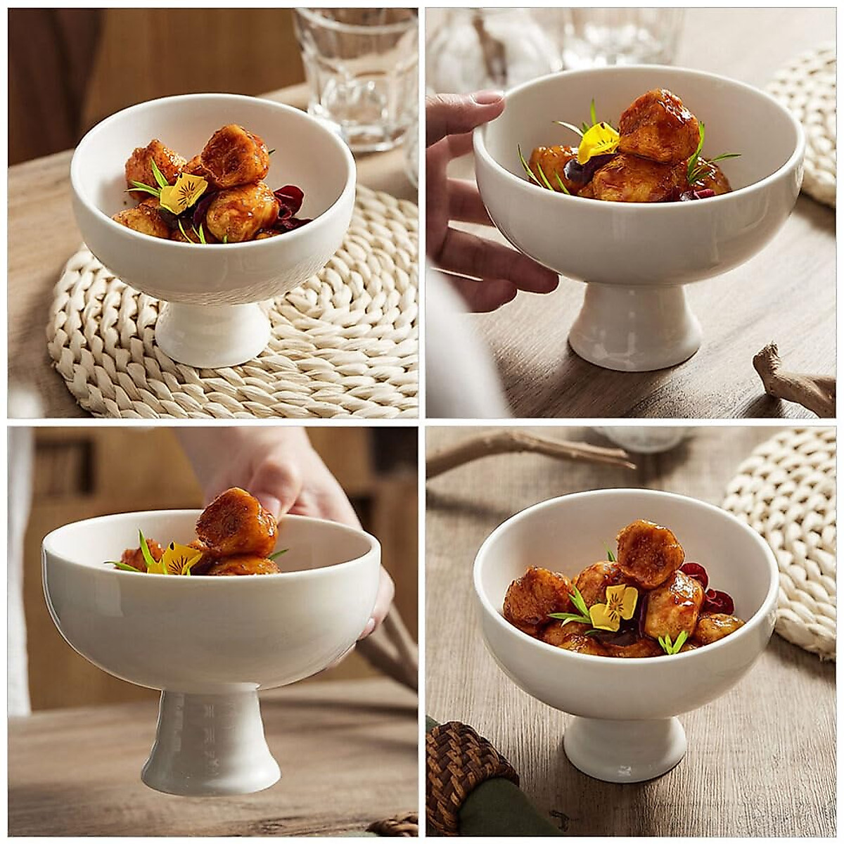 YARDWE Ceramic Footed Bowl Round Bowl Fruit Bowl Holder Dessert Display Stand Decorative Bowl for Kitchen Table Decor White (5inch)
