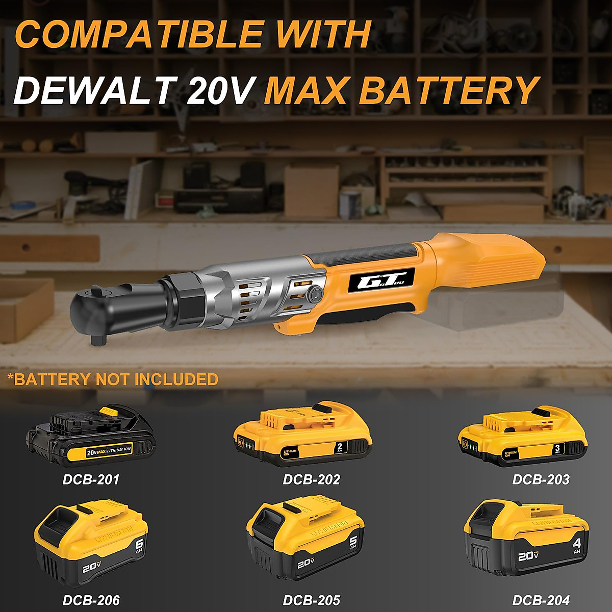 3/8" Cordless Ratchet Wrench, Compatible with DEWALT 20V MAX Battery, 74Ft-Lbs Power Electric Ratchet Tool Kit, 1/2" & 1/4" Adapters, 3" Extension Bar (Tool Only)