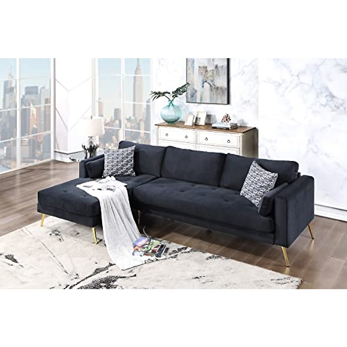 P PURLOVE Sectional Sofa Couch, L-Shape Upholstered Couch with Two Pillows for Living Room Home Furniture, Black