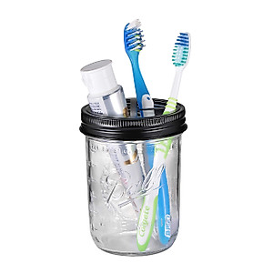 [Wide Mouth] Mason Jar Toothbrush Holder Lid - Rustproof 304 Stainless Steel - for Ball Mason Jar or Any Pint. 16oz. Jar - Farmhouse Decor Bathroom Accessories Set/2-Pack (Jars not Included) (Black)
