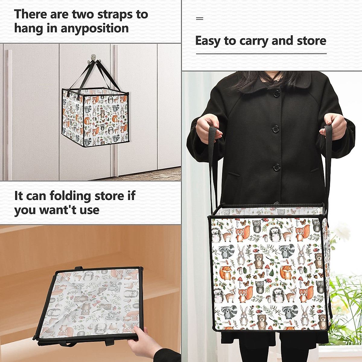 senya Large Collapsible Storage Bins with Handles Woodland Animals Foldable Laundry Hamper Cubes Fabric Basket Closet Organizer Containers Box for Home Bedroom Office 13 x 13 x 13in B06D22016