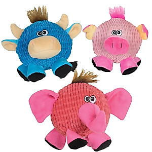 SmartPetLove Snuggle Puppy Tender-Tuffs Round Plush Dog Toys Bundle - Cow, Pig, and Elephant - Large Tough Animal Squeaky Ball Toys