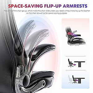 High Back Executive Office Chair 300lbs-Ergonomic Leather Computer Desk Chair with Flip-up Armrest, Thick Bonded Leather Office Chair for Comfort and Lumbar Support, Adjustable Rock Back Tension-Black