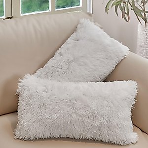 Cheer Collection Throw Pillows for Couch with Inserts Included - Soft Shaggy Long Hair Faux Fur Pillows - Set of 2-12" x 20" - White