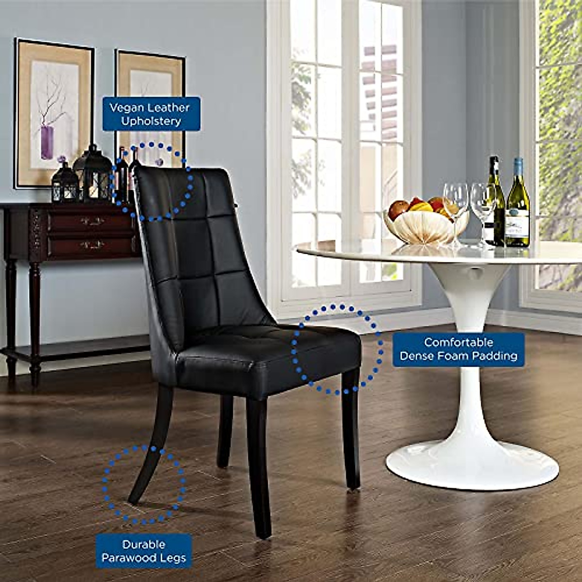 Modway Noblesse Modern Tufted Vegan Leather Upholstered Kitchen Room Black, Two Dining Chairs