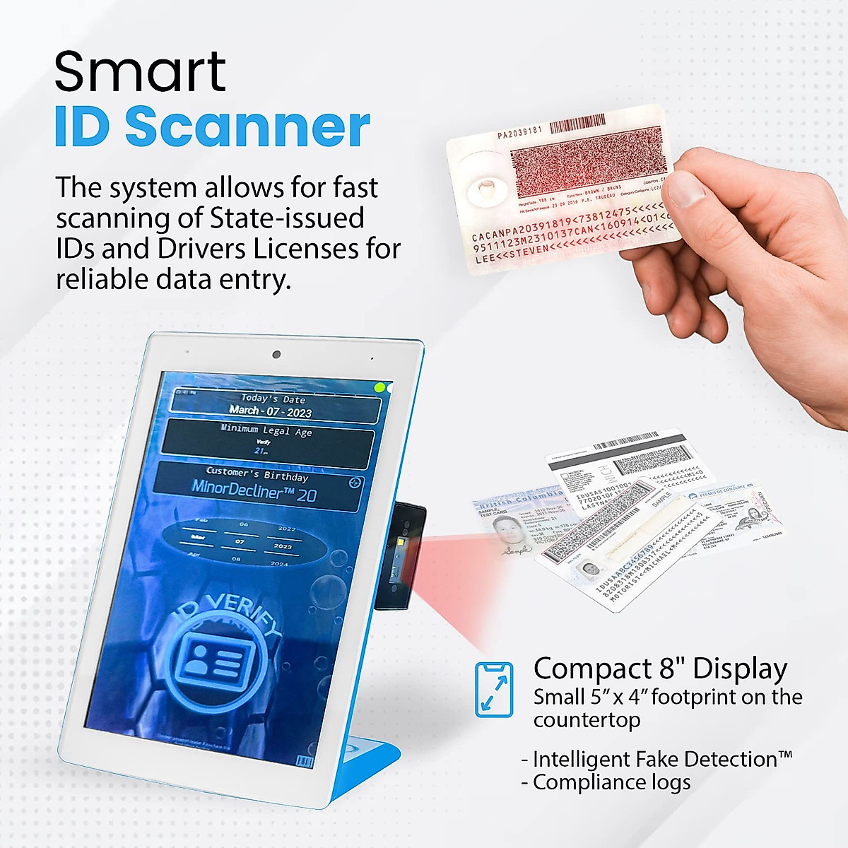 Bundle Smart ID Scanner for Bars, Clubs, and Other Businesses - Detects Expired IDs and Underage Consumers - Reads The 2D Barcode in All 50 States - Minor Decliner
