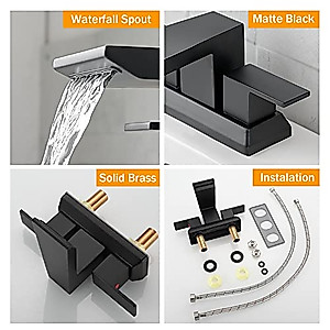BESy Black 4 Inch Centerset 2 Handle Waterfall Stainless Steel Bathroom Faucet, Morden Two Handle Deck Mounted Two Handle Bathroom Sink Faucet with Supply Hoses, 3 Hole
