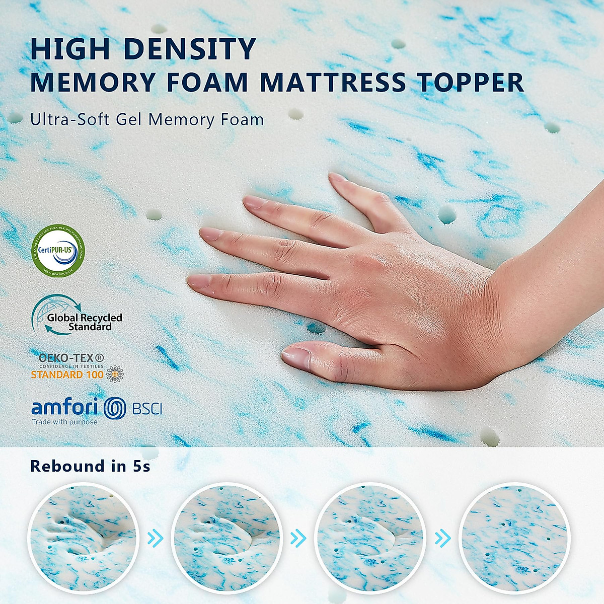 Timimi Memory Foam Mattress Topper King - 4 Inch Gel Cooling Mattress Pad for King Size Bed with Removable Washable Cover(21'' Deep Pocket) - Bed Topper for Back Pain (CertiPUR-US Certified - White)