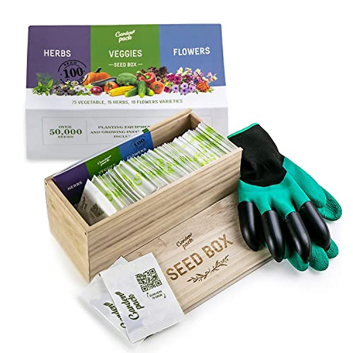 Grow Your Own Kit by Garden Pack - 100 Varieties of Vegetable, Herb and Flower Seeds - Gardening Gifts for Women and Men - Natural Wood Gift-Ready Box and Accessories