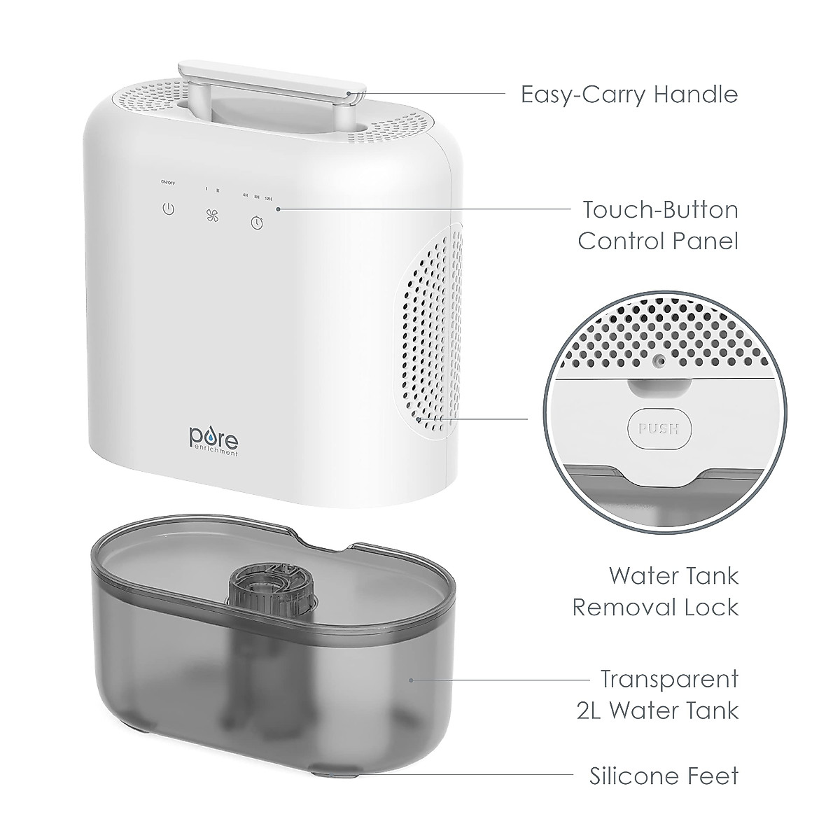 Pure Enrichment® PureDry™ Elite Dehumidifier – Extra-Large 2L Water Tank with Auto Shut-Off, Removes 20 oz. (600 mL) per day of Moisture from Closets, Bathrooms, RVs, Basements, Bedrooms, and Offices