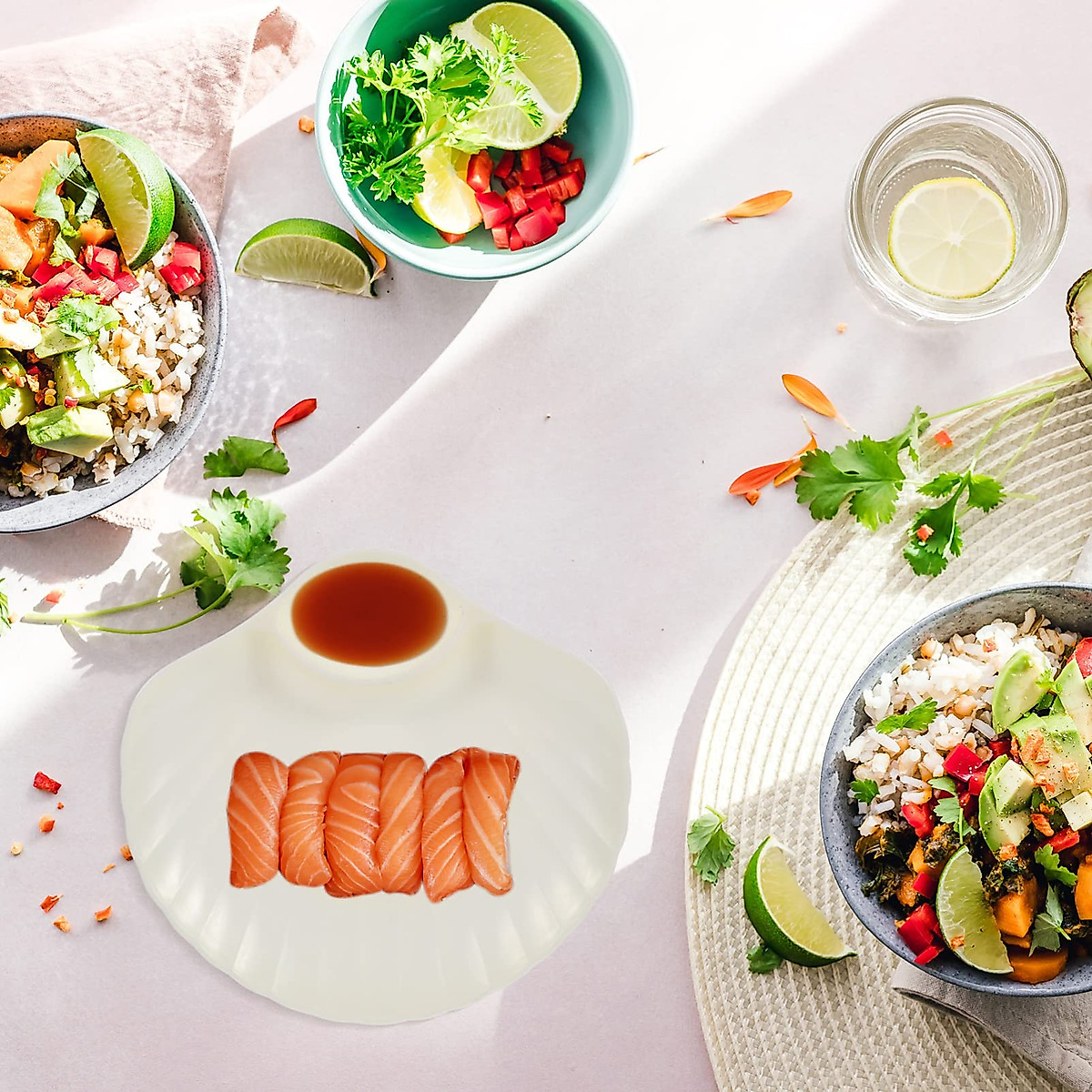 UPKOCH Movie Night Snack Trays 6Pcs Shell Dumpling Plates with Sauce Holder Plastic Sushi Plates Serving Platter Tray French Fries Plate with Sauce Divider For Home Kitchen (White) Serving Dishes