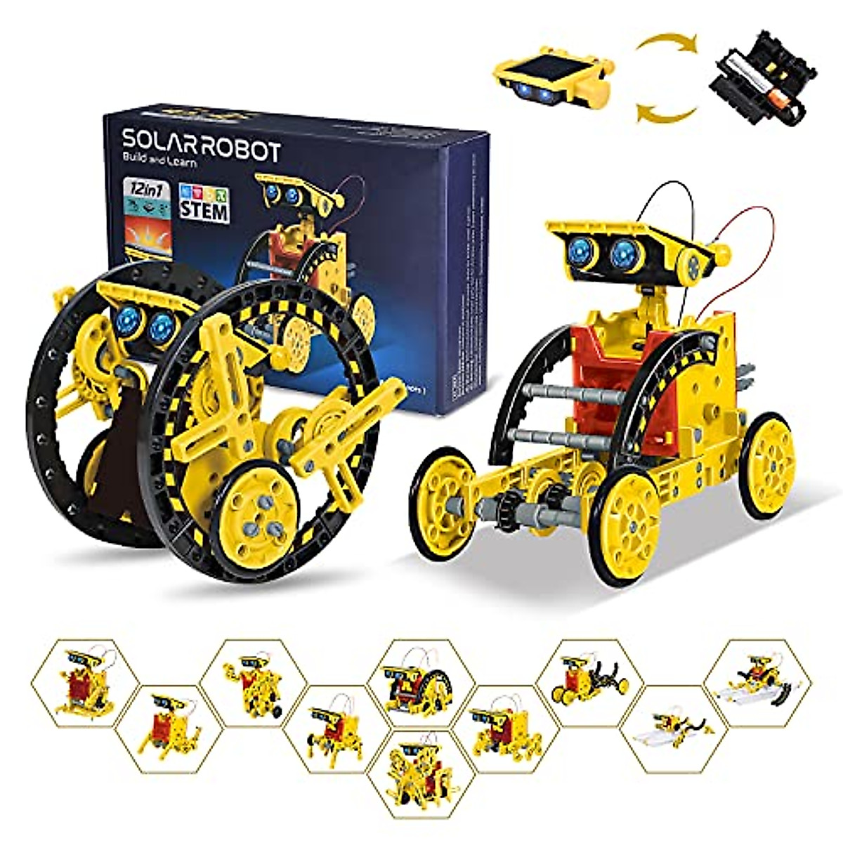 Solar Robot Kit for Kids Age 8-12, STEM Building Toys,12-in-1 Build Your Own Robot with Solar Panel & Battery Power, Science Engineering Christmas Birthday Idea Gifts for Boy Age 8 9 10 11 12