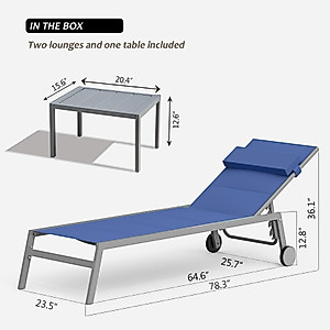 Domi Patio Chaise Lounge Set of 3, Adjustable Full Aluminum Pool Lounge Chairs with Wheels and Side Table, Padded Sunbathing Lounger for Deck Lawn Patio Backyard,Textilene - Navy Blue