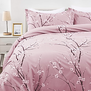 WONGS BEDDING Pink Floral Duvet Cover Set Queen, Reversible Flower Plum Blossom Printed Comforter Cover Set with 2 Pillowcases 3 Pieces Bedding Set Soft Microfiber Queen Size 90"x90"(Not Comforter)