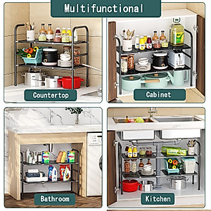 Under Sink Cabinet Shelf Organizer, Expandable Metal Under Sink Rack Storage with 8 Removable Panels for Kitchen Bathroom, 2 Tiers, White