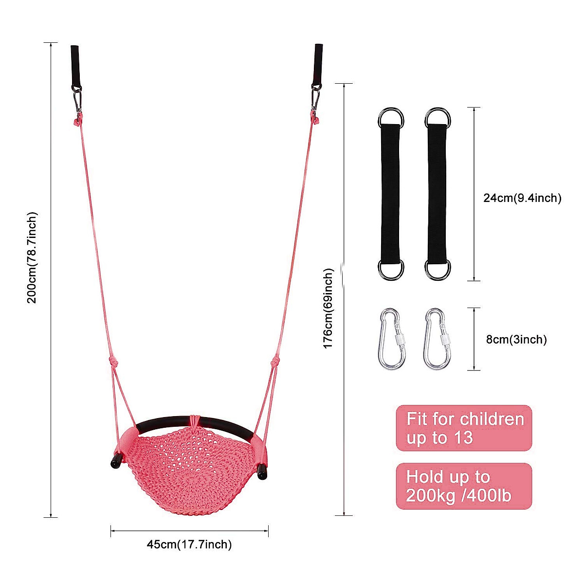 JKsmart Swing Seat for Kids Heavy Duty Rope Play Secure Children Swing Set,Perfect for Indoor,Outdoor,Playground,Home,Tree,with Snap Hooks and Swing Straps,440 lbs Capacity,Pink