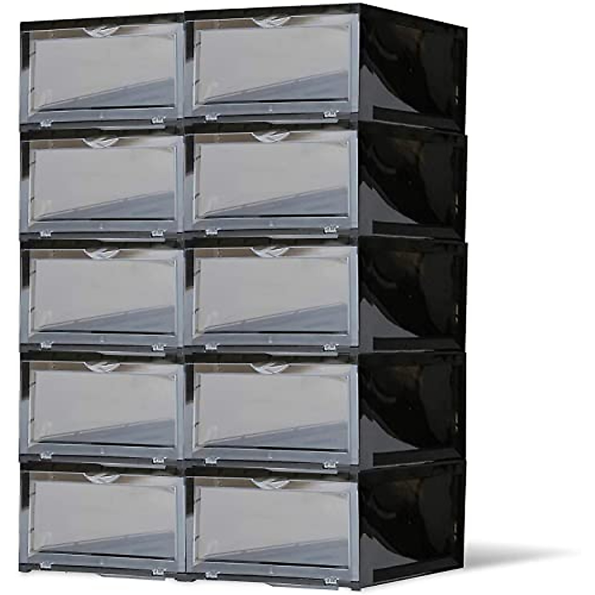 SneakNeat Sneaker Storage Container - 10 Pack, Durable Shoe Box Set with Drop Front Door - Store Up to Men's USA Size 13 - Free Standing Stackable Household Organizer - Stores, Protects, Displays Shoe Collection (Black)