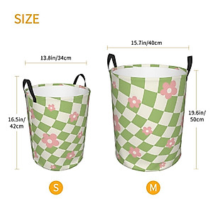 Green Pink Checkered Floral Laundry Basket Waterproof Collapsible Round Laundry Hamper Toys Clothes Organizer Gift Basket For Room Small