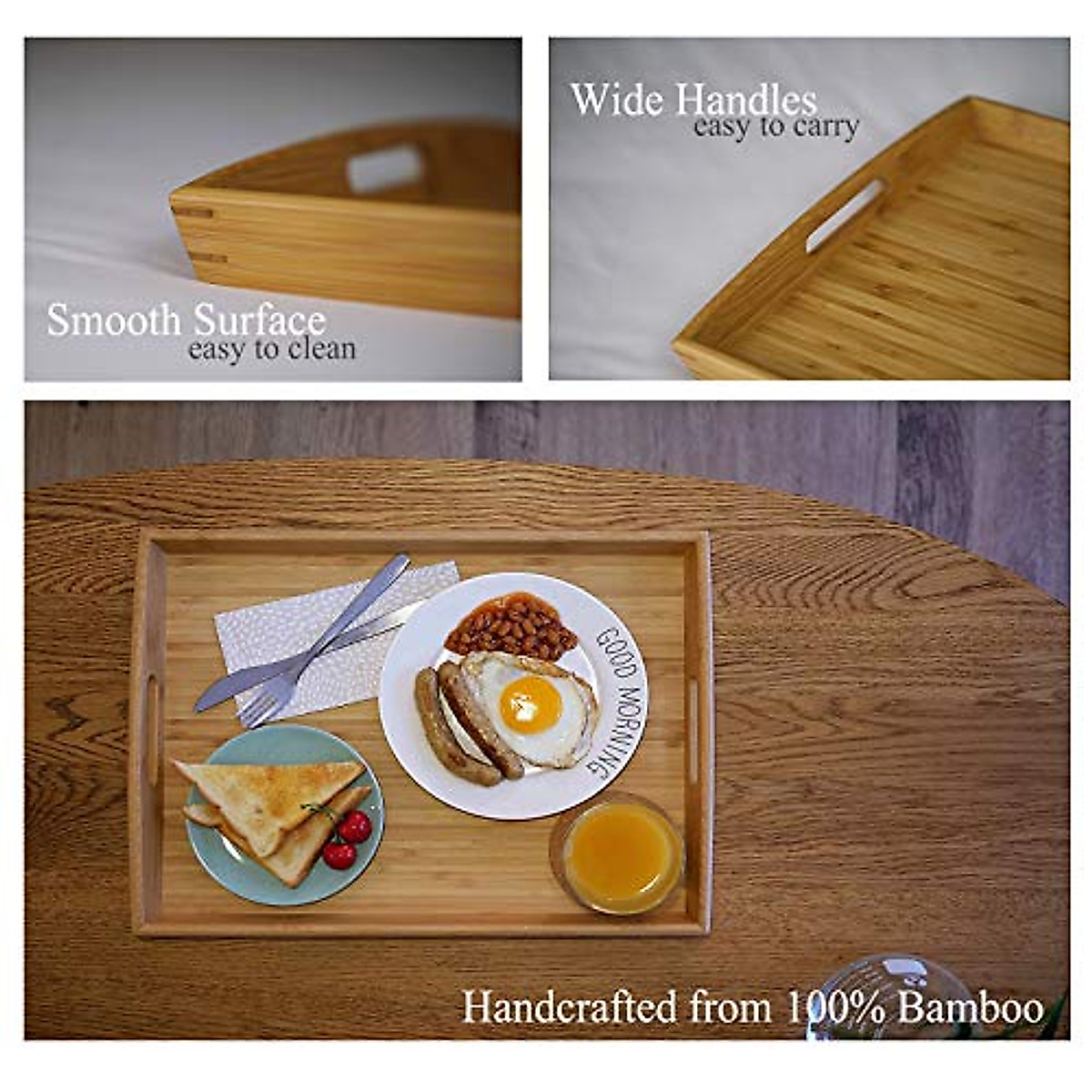 Joy&Grace 100% Bamboo Wood Butler Serving Tray with Handles - Breakfast/Coffee Table Tray, Decorative Ottoman Tray, Serving Platter for Party,17''×13''