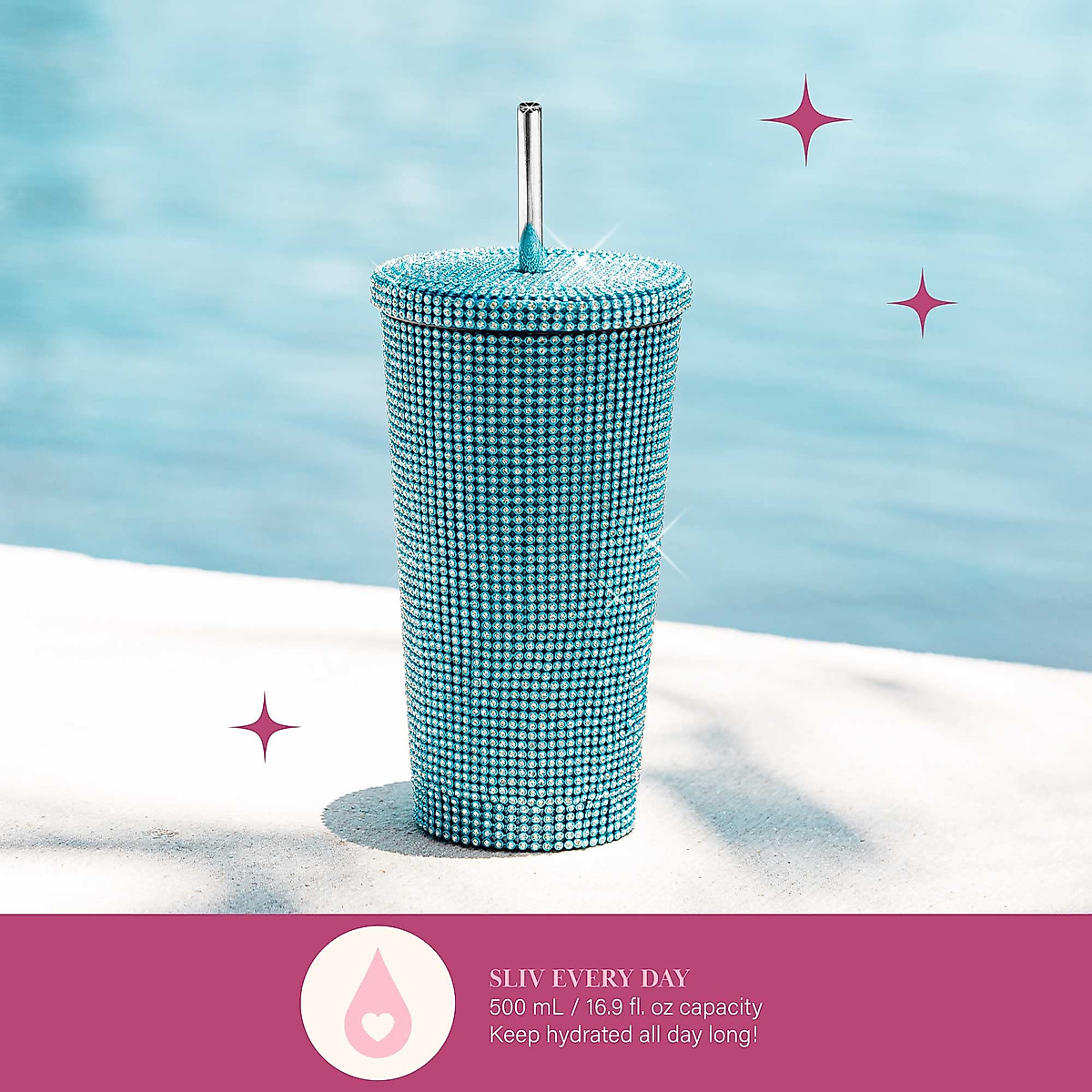 Paris Hilton Diamond Bling Water Tumbler With Lid And Straw, Vacuum Insulated Stainless Steel, Bedazzled With Over 3700 Rhinestones, 16.9-Ounce, Blue