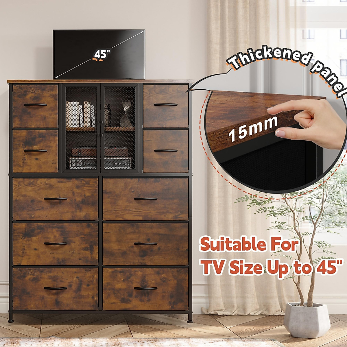 EnHomee Dresser for Bedroom with Mesh Door Tall Dressers & Chests of Drawers with 10 Fabric Drawer Morden Dresser Organizer,Metal Frame,Wood Top,for Closet,Entryway,Rustic Brown 38" Wx11.81 Dx48.1 H