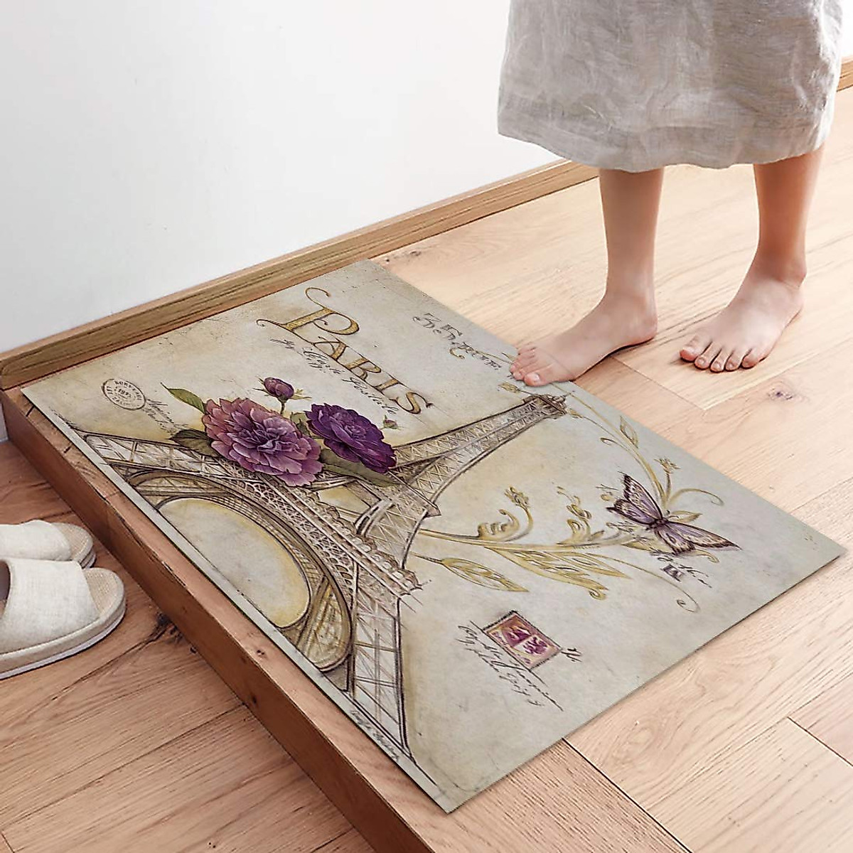 Kitchen Rugs, Eiffel Tower Paris Purple Flower Vintage Style Non Slip Long Runner Rug Mat for Floor, Kitchen, Bedside, Sink, Office, Laundry, Set of 2