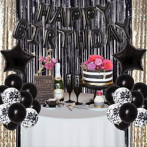 JOYMEMO 30th Birthday Decorations Black - Dirty 30 Foil Balloon & Cake Toppers, Happy Birthday Banner, Black Star Confetti Balloons, Foil Fringe Curtain for Men Women Thirty Birthday Party Supplies