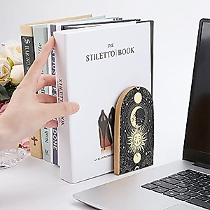 NFGSE Book Ends, Mystical Sun Face Moon Crescent Magic 2 Pcs 5 X 3 Inch Modern Home Decorative Bookends for Shelves, Fashion Design Wood Book Stopper for Heavy Books Office School Home Kitchen Planets