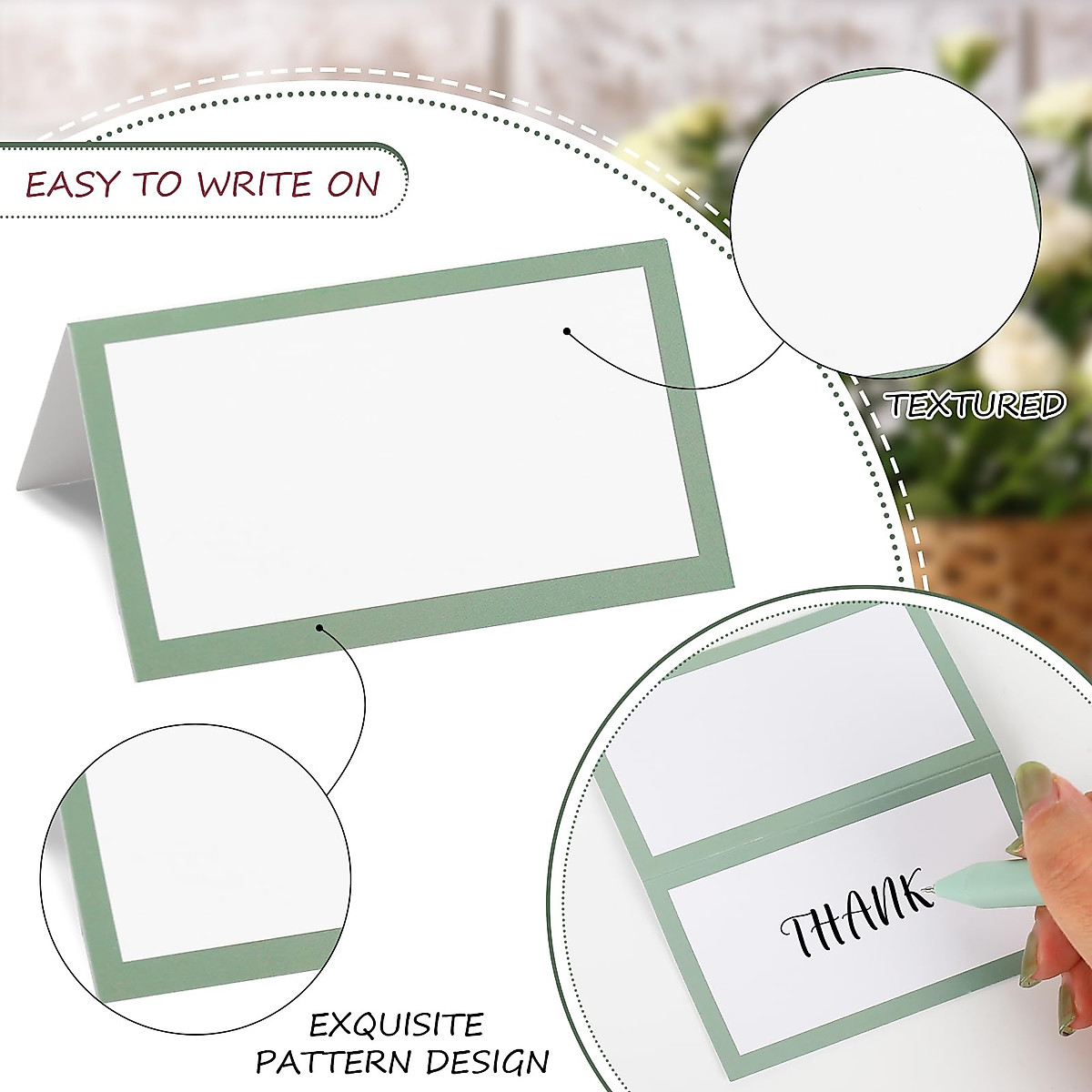 Whaline 100Pcs Sage Green Place Cards 3.5 x 2 Inch White Blank Tented Cards Wedding Seating Cards for Party Table Setting Supplies