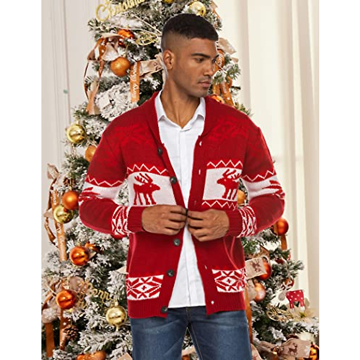 COOFANDY Mens Ugly Christmas Xmas Reindeer Snowflake Button Front Long Sleeve Shawl Collar Cardigan (Red M)