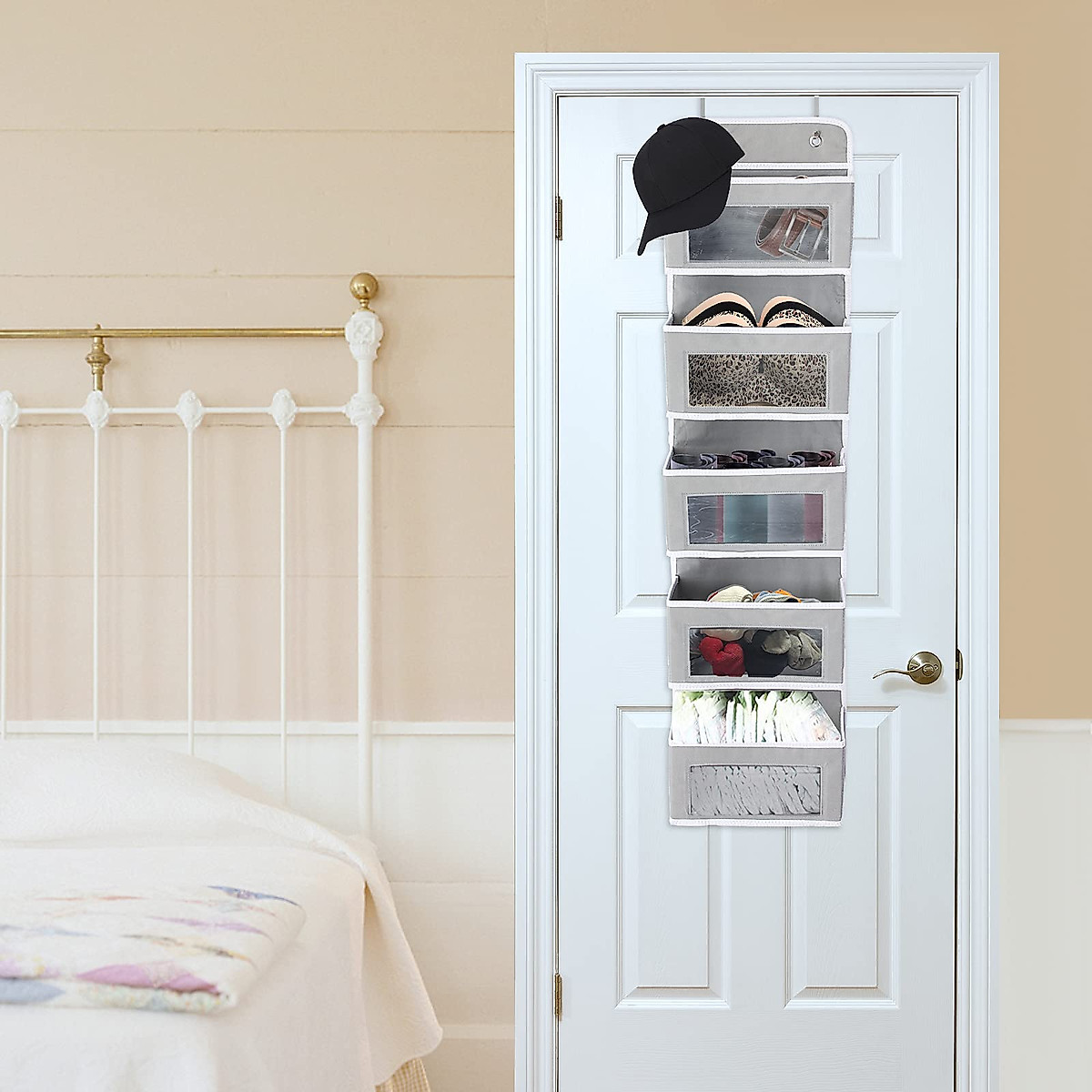 sysucpion Over The Door Hanging Organizer Storage with 5 Clear Window Large Capacity Pocket and 2 Metal Hooks for Pantry,Closet,Bathroom,Kitchen,Nursery,Dorm