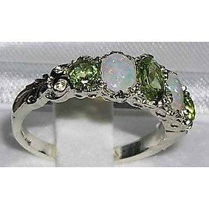 LetsBuyGold 14k White Gold Natural Peridot and Opal Womens Anniversary Ring - Size 4.25