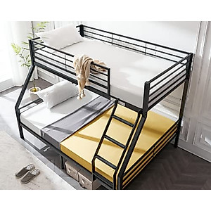 VINGLI Metal Bunk Bed Twin Over Full, Flat Steps, Black