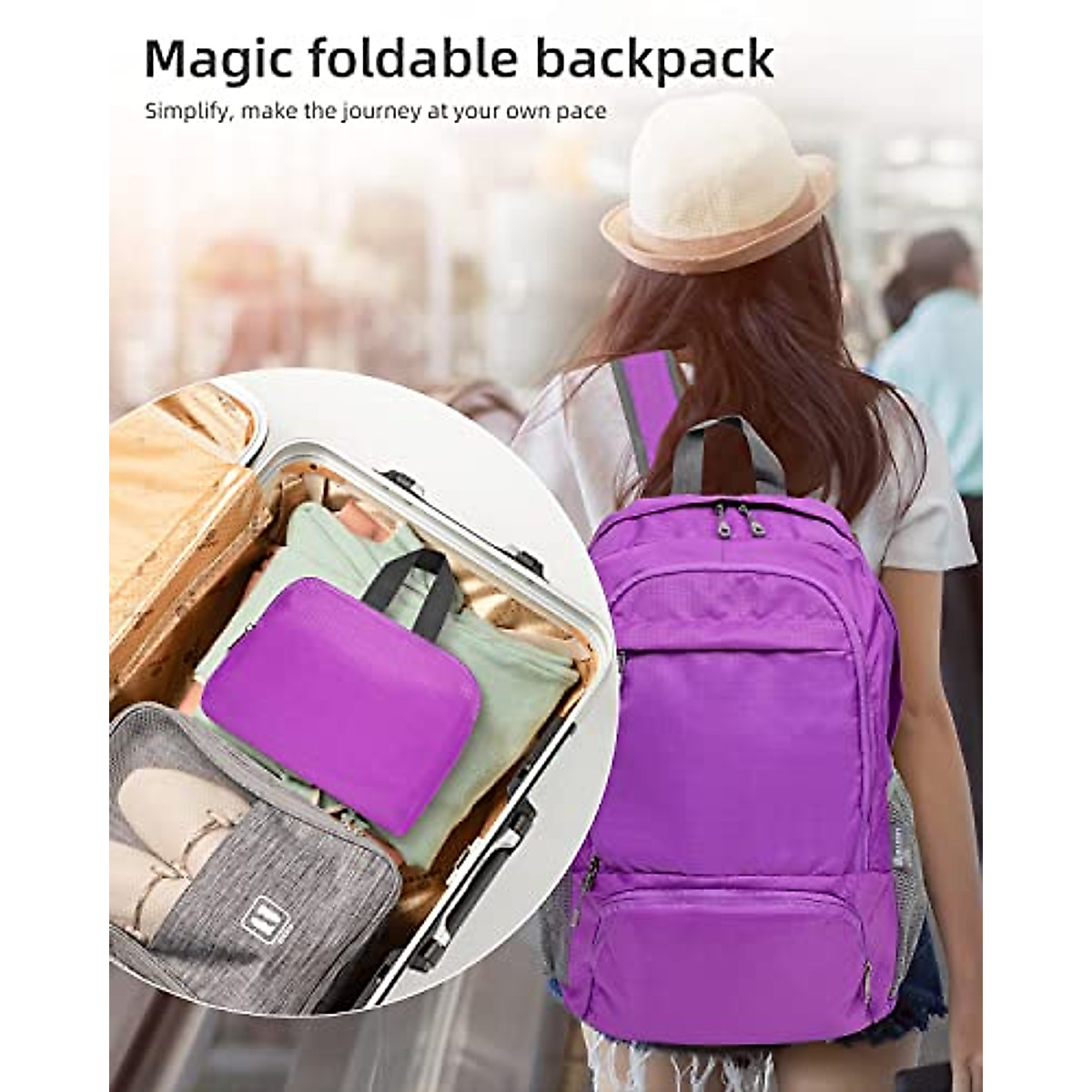 MULISOFT 30L Foldable Hiking Backpack, Lightweight Camping Backpack for Outdoor, Travel, Water-Resistant day backpack for Men & Women, Multifunctional Daypack with 8 Compartments, Purple