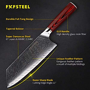 FXFSTEEL Damascus Chef Knife with Premium G10 Handle, 7.5 inch Japanese VG-10 Stainless Steel Santoku Knife Ultrasharp Cleaver for Vegetable Meat Cooking(Red)